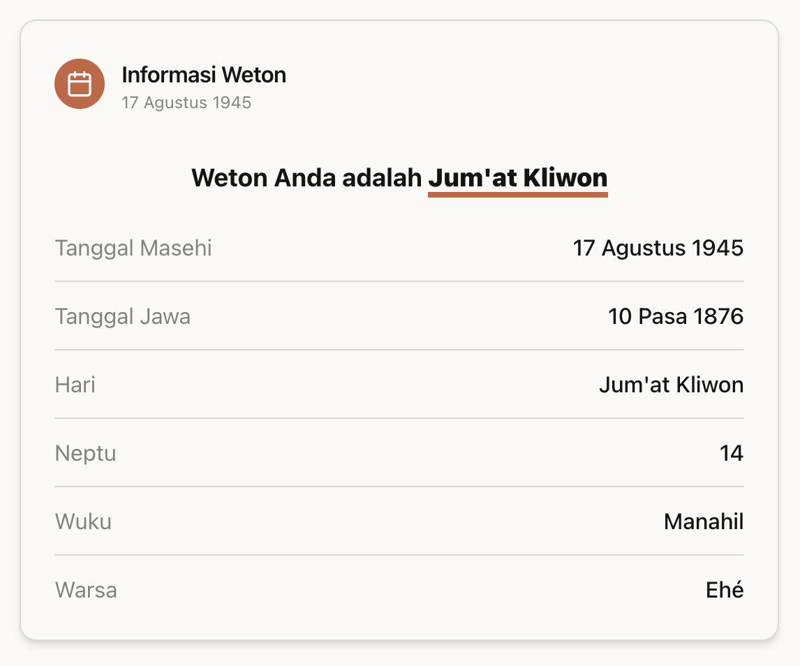 Cek Weton Jawa - Hitung Tanggal, Sifat, dan Kecocokan Jodoh