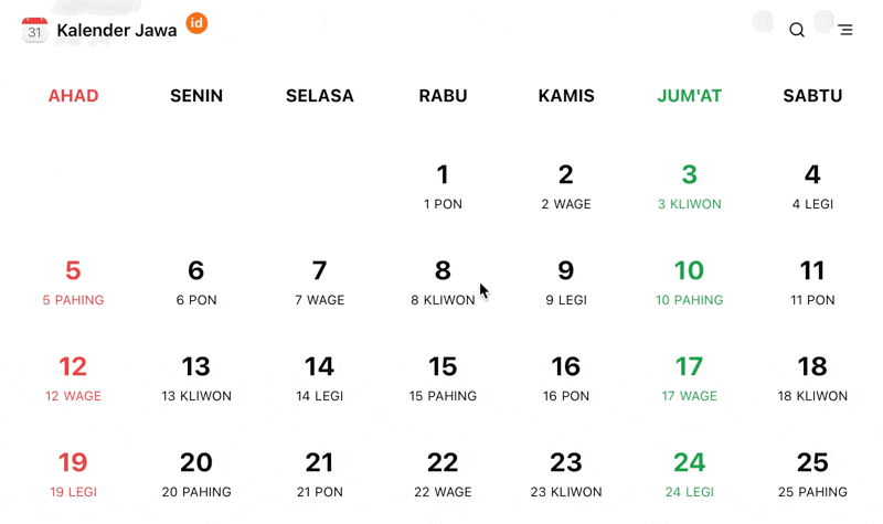 Kalender Jawa - Weton dan Pasaran Hari Ini | Desember 2025